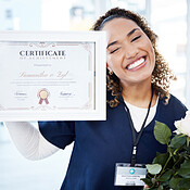 Certificate, flowers and portrait with a black woman graduate or nurse ...
