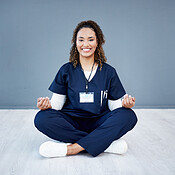 Nurse, portrait or sitting meditation on hospital mockup, clinic mock ...