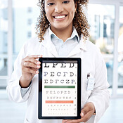 Portrait, eye chart and woman with tablet in hospital for vision ...
