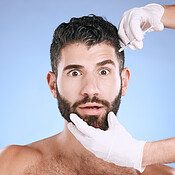 Injection, scared man and face for skincare, collagen and beauty ...