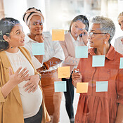 Collaboration, pregnant woman or business women planning a marketing ...