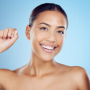 Floss, dental wellness and portrait of woman in studio for beauty ...