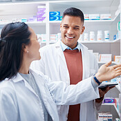 Pharmacy, employees and discussion with healthcare, inventory for stock ...