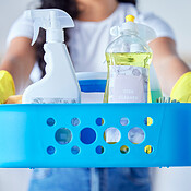 Hands, basket and cleaning tools for housekeeping, maintenance or ...