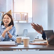 Office party, applause and new year with a business team in the ...