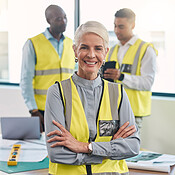 Senior woman, portrait and engineering project manager with ...