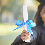 College graduation, certificate and black woman with paper in hand to ...