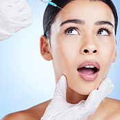 Plastic surgery, scared face and surgeon hands for beauty, filler and ...