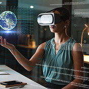 Vr, 3d earth and business woman in office with global overlay, digital ...