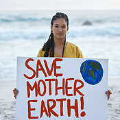 Save earth, sign and woman portrait at beach for pollution, environment ...