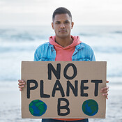 Save earth, sign and man portrait at beach pollution, environment and ...