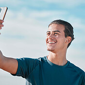 Fitness, man and exercise selfie on outdoor for social media, profile ...