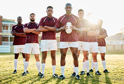 Rugby, grass and portrait of men, team with ball and standing together ...