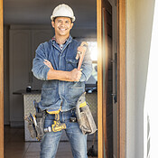 Handyman in portrait, maintenance and tools with construction and home ...