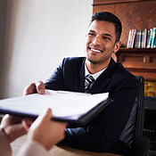 Lawyer man, giving documents and office with agreement, smile and ...