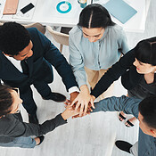 Diversity, stack of hands and business people in the office with ...