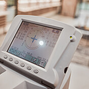 Optometry, healthcare and screen for an eye test in a clinic for eye ...