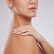Skincare, shoulder and woman hands on body for aesthetic wellness ...