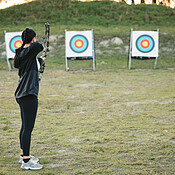 Sports, archery target and bow and arrow training for archer ...