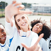 Selfie, frame and a woman sports team having fun on a court outdoor ...