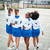 Hug, back and portrait of a team for netball, training support and game ...