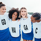 Netball, team outdoor and friends in portrait, women on court and smile ...
