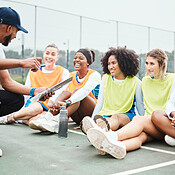 Netball strategy, happy sports team and coach planning game plan ...