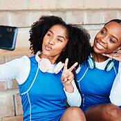 Sports, friends and selfie by netball team on steps with smile, hand ...