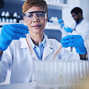 Black woman, science and test tube in laboratory for research, medical ...