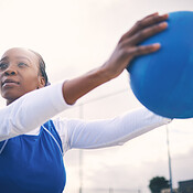 Fitness, black woman and netball for exercise, training and playing for ...