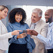 Business people, diversity and smartphone, laughing at meme on social ...