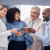 Business people, office and smartphone for meme, laugh or comic ...