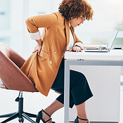 Black woman in business with back pain, burnout and stress, stiff ...