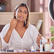 Makeup, influencer and woman live streaming with lipstick for beauty ...