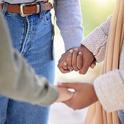 Holding hands, praying group or support with worship, comfort and ...
