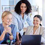 Business women, laptop and meeting in planning for digital marketing ...