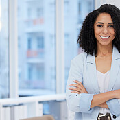 Business woman, leadership and portrait smile with arms crossed in ...