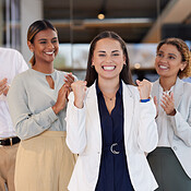 Leadership, winner and portrait of business people in office cheering ...