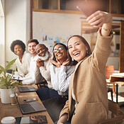 Selfie, friends and memory with a business team working in the ...