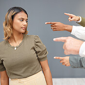 Guilty, pointing and fingers with business woman for bullying, shame ...