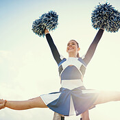 Cheerleader woman, sky and sports performance with smile and energy to ...