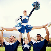 Sports woman, sky and cheerleader performance with smile and energy to ...