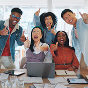 Collaboration, motivation and thumbs up with a business team in ...