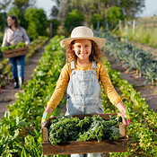 Little girl, farm and agriculture in green harvest for sustainability ...