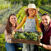 Plant, vegetables and happy family on a farm farming agriculture growth ...