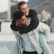 Fitness, couple piggyback, romance or sports exercise together in the ...