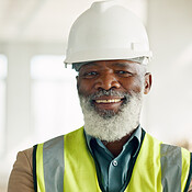 Senior black man, architect and portrait smile for construction or ...