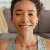 Happy, meditation breathing and face of a woman with peace, relax and ...