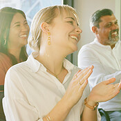 Audience applause, seminar and people at conference clapping for ...
