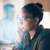 Overlay, programming and coding with a black woman developer thinking ...